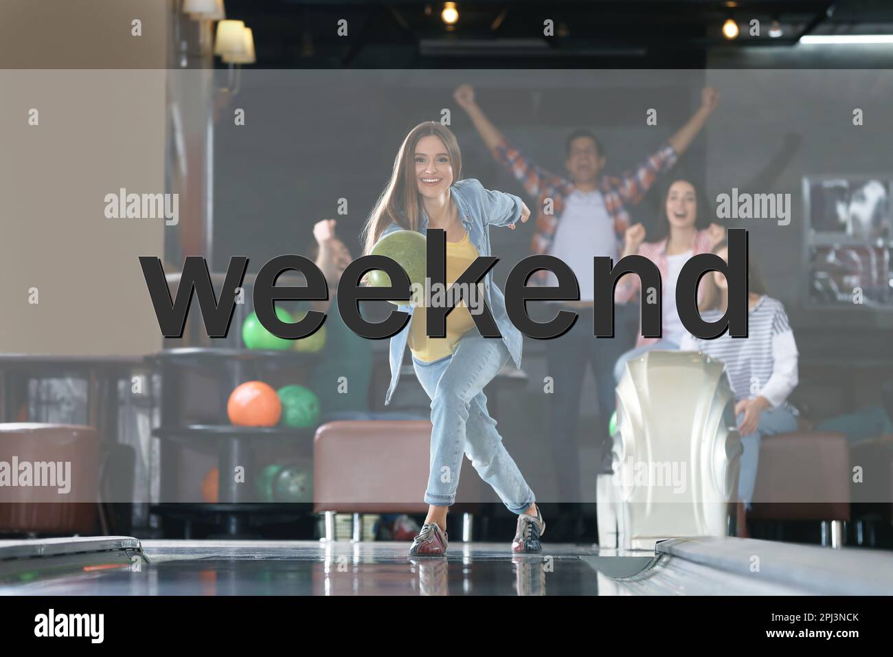 Hello Weekend. Young woman throwing ball and spending time with friends ...