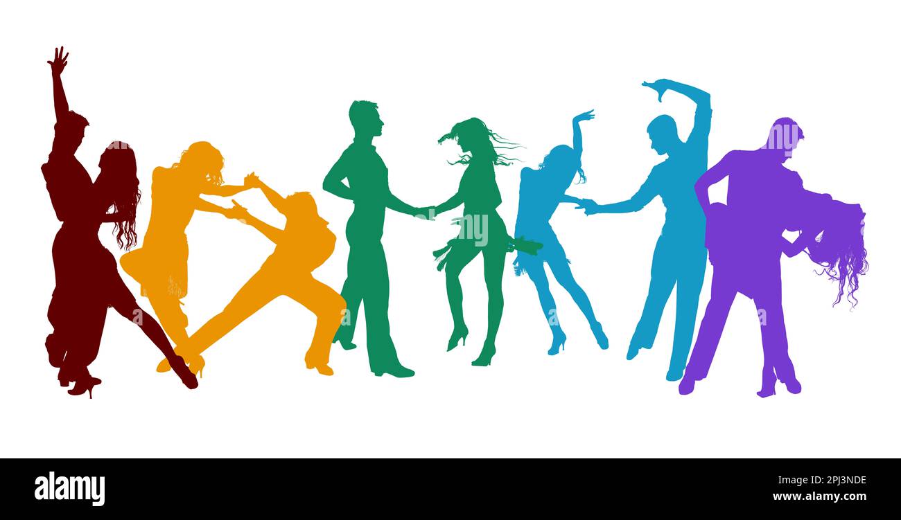 Colorful silhouettes of people dancing on white background ...