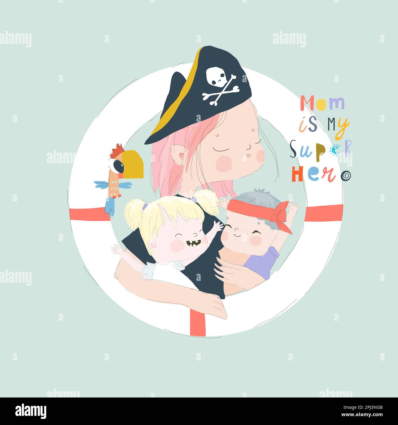 Cute Mother Pirate hugging Her Kids. Happy Mother s day Stock Vector ...