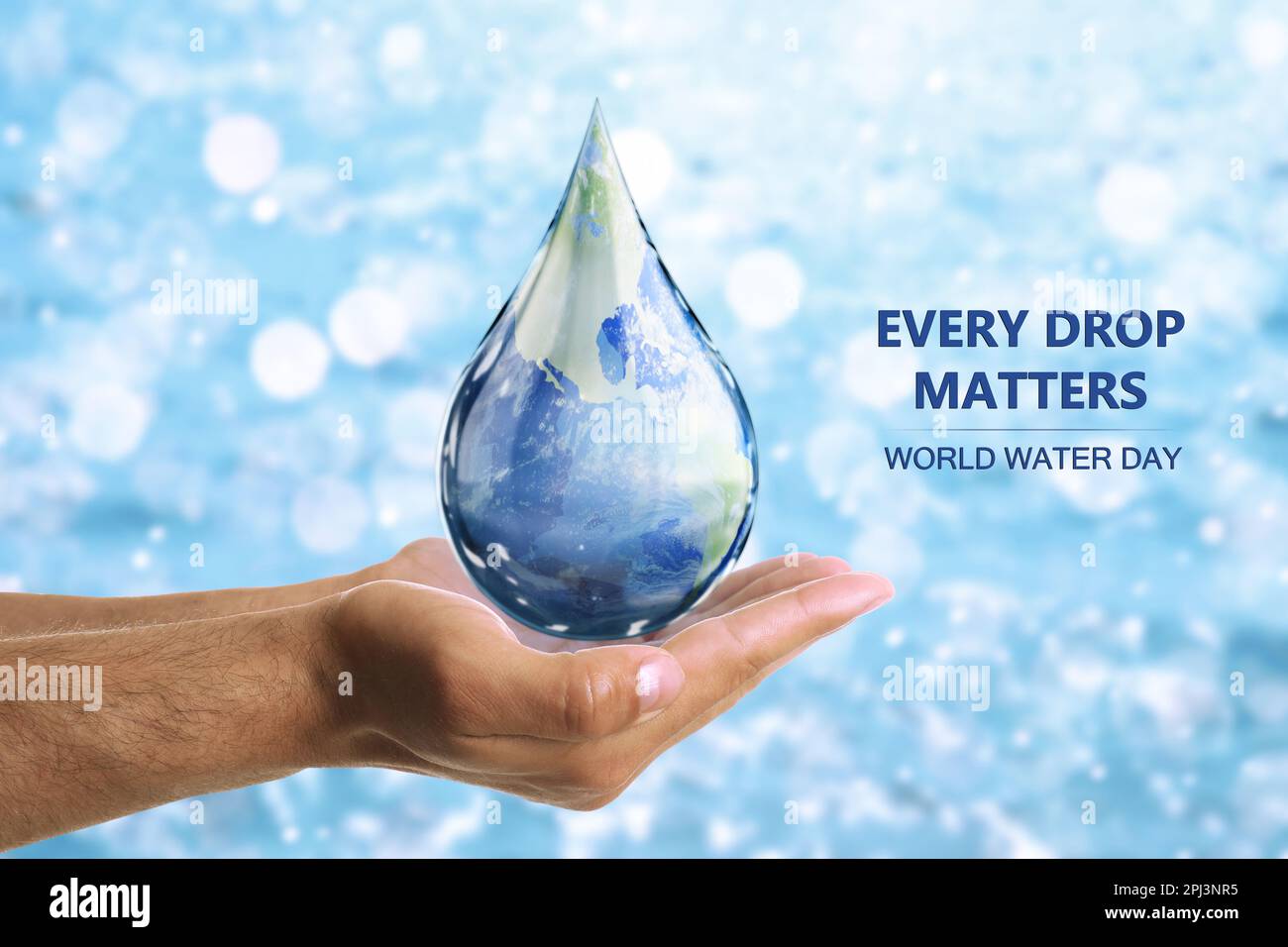 World Water Day. Man holding icon of drop with Earth image inside on ...