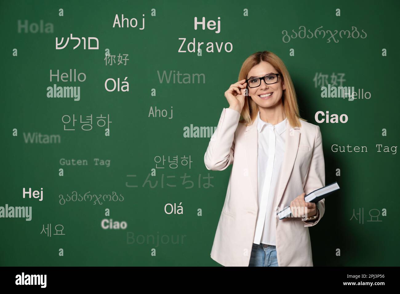 Portrait of happy translator and greeting words in different foreign ...