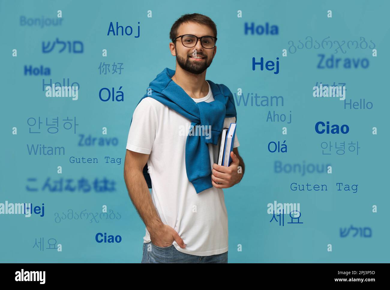 Portrait Of Happy Translator And Greeting Words In Different Foreign