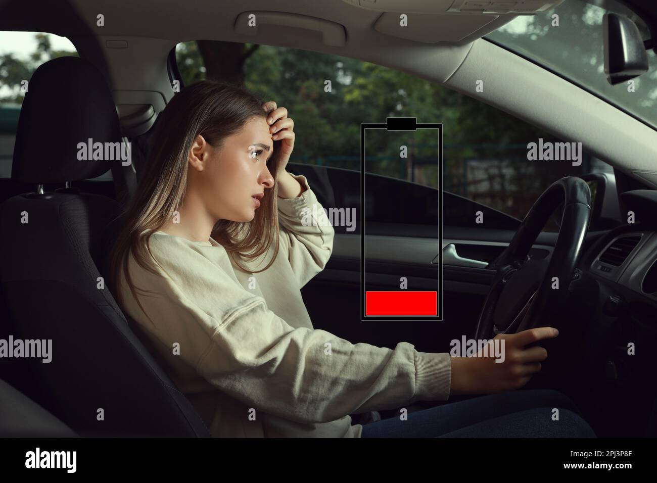 Illustration of discharged battery and tired woman in car. Extreme ...