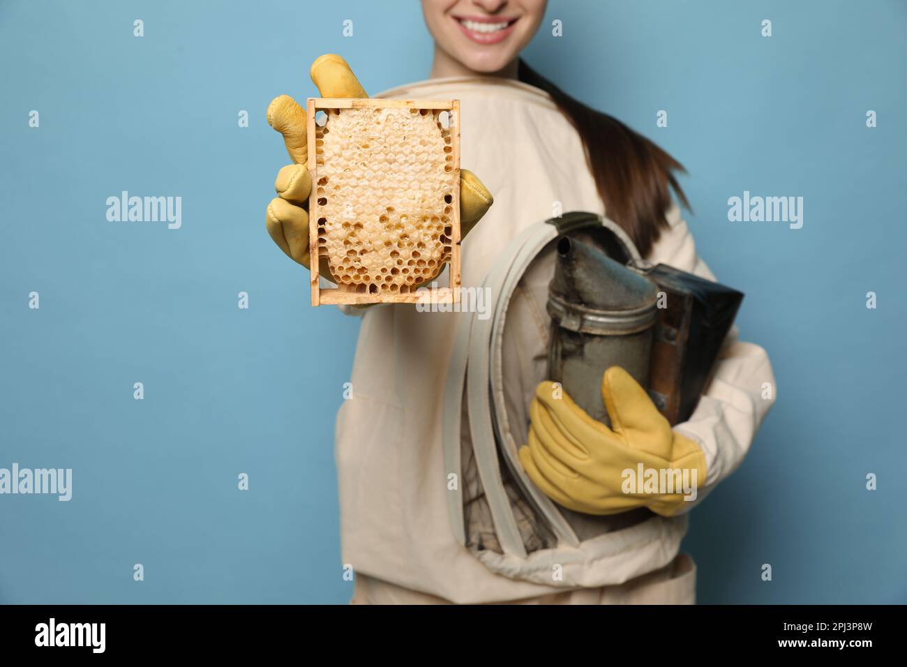 Beekeeper in uniform holding smokepot and hive frame with honeycomb on ...