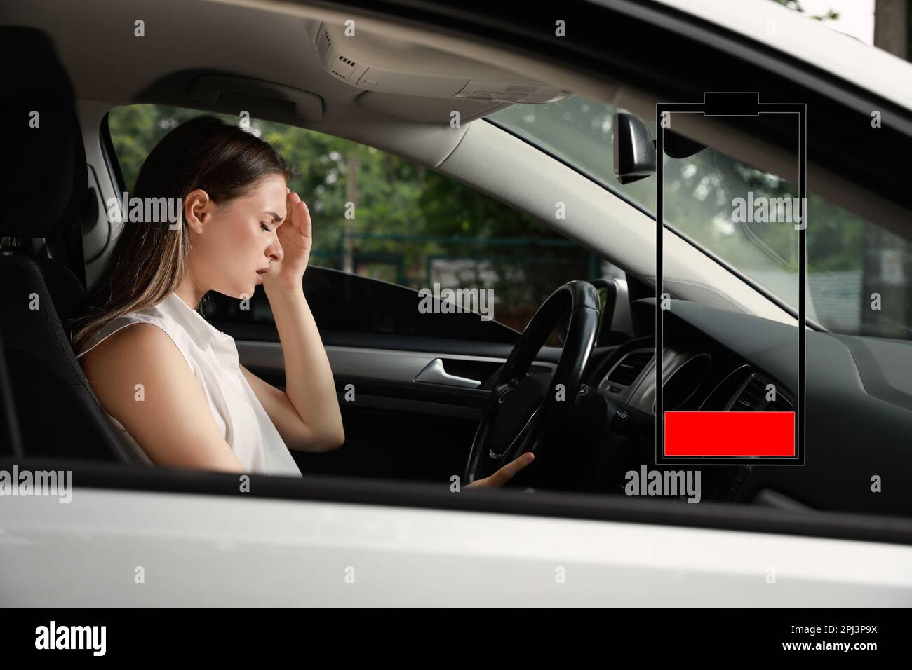 Illustration of discharged battery and tired woman in car. Extreme ...