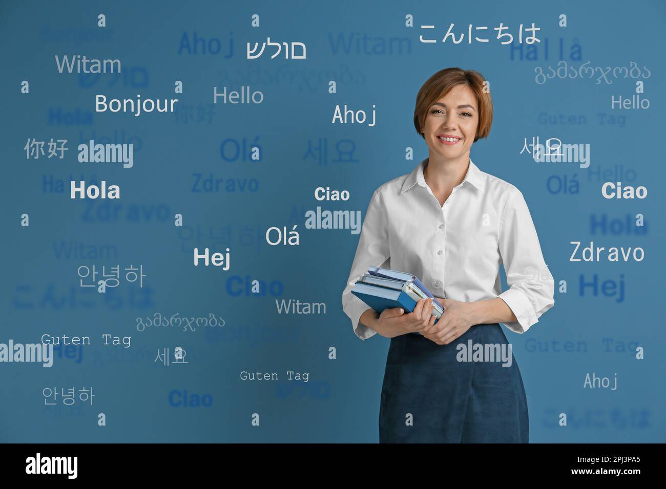 Portrait of happy translator and greeting words in different foreign ...