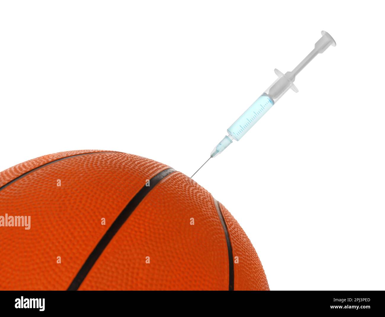 Basketball ball with syringe sticking out on white background, closeup ...