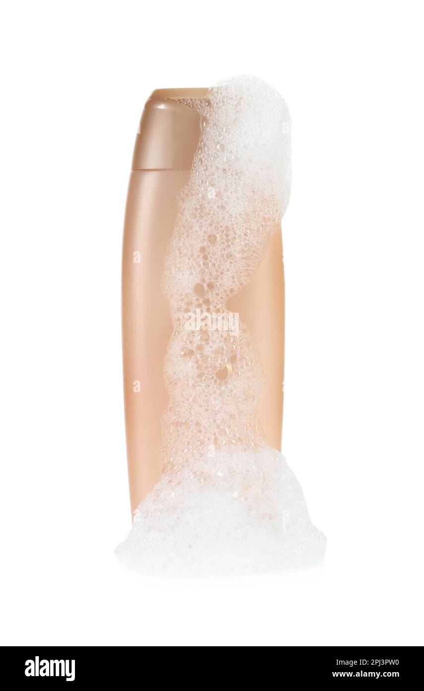 Bottle of bubble bath with foam isolated on white Stock Photo - Alamy