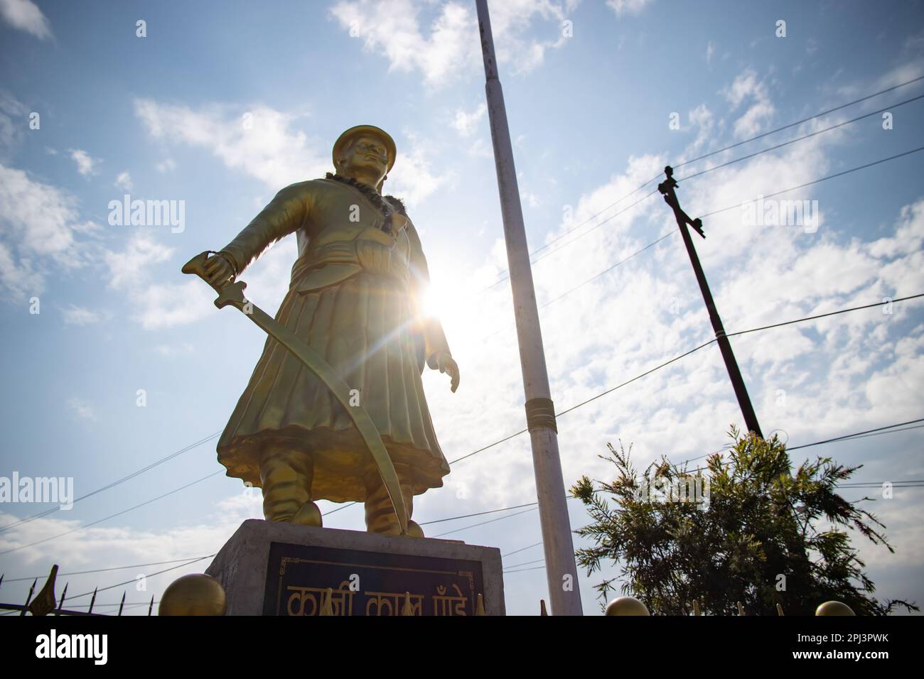 Statue of Gorkhali Warrior Kalu Pande and silhouette in Chandragiri ...