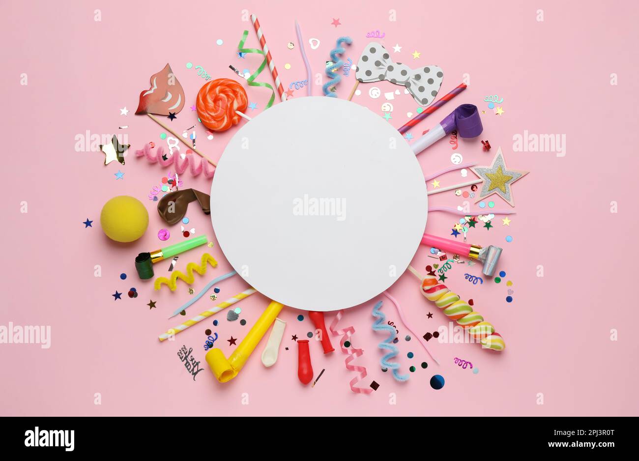 Flat lay composition with blank card and different party accessories on ...
