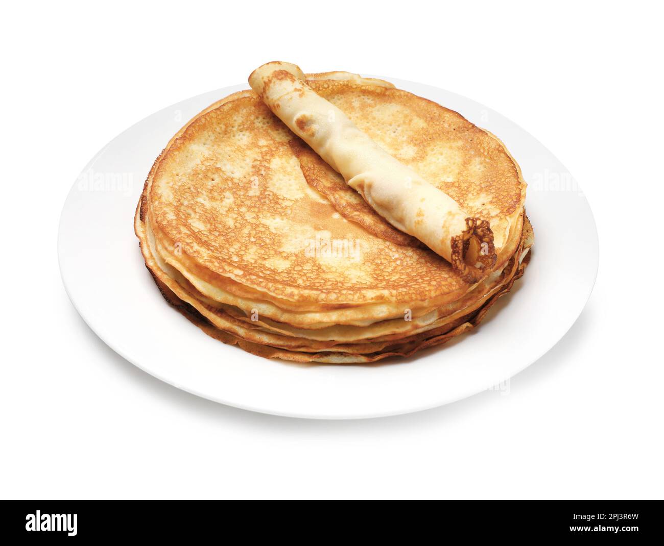 Stack of delicious crepes on plate against white background Stock Photo ...