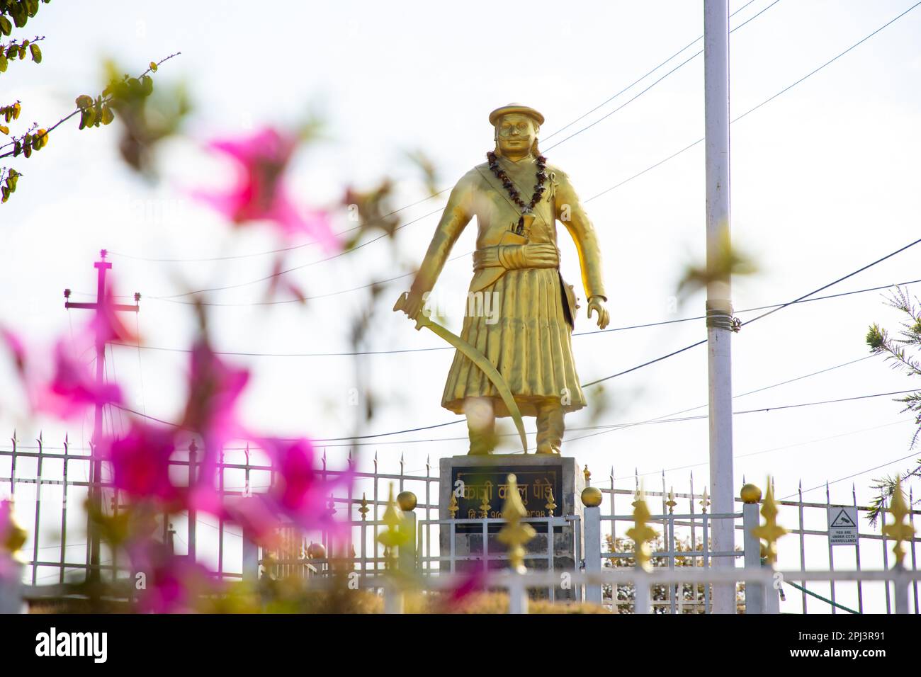 Statue of Gorkhali Warrior Kalu Pande and silhouette in Chandragiri ...