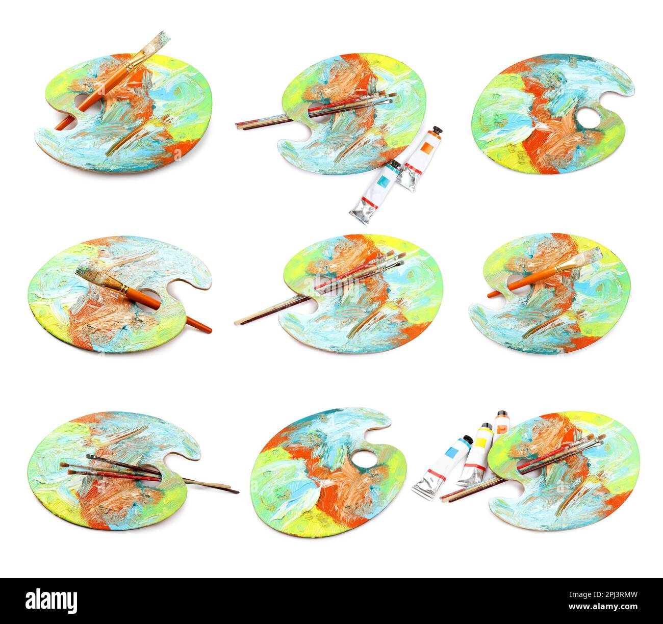 Palettes with paints and brushes on white background, collage Stock ...