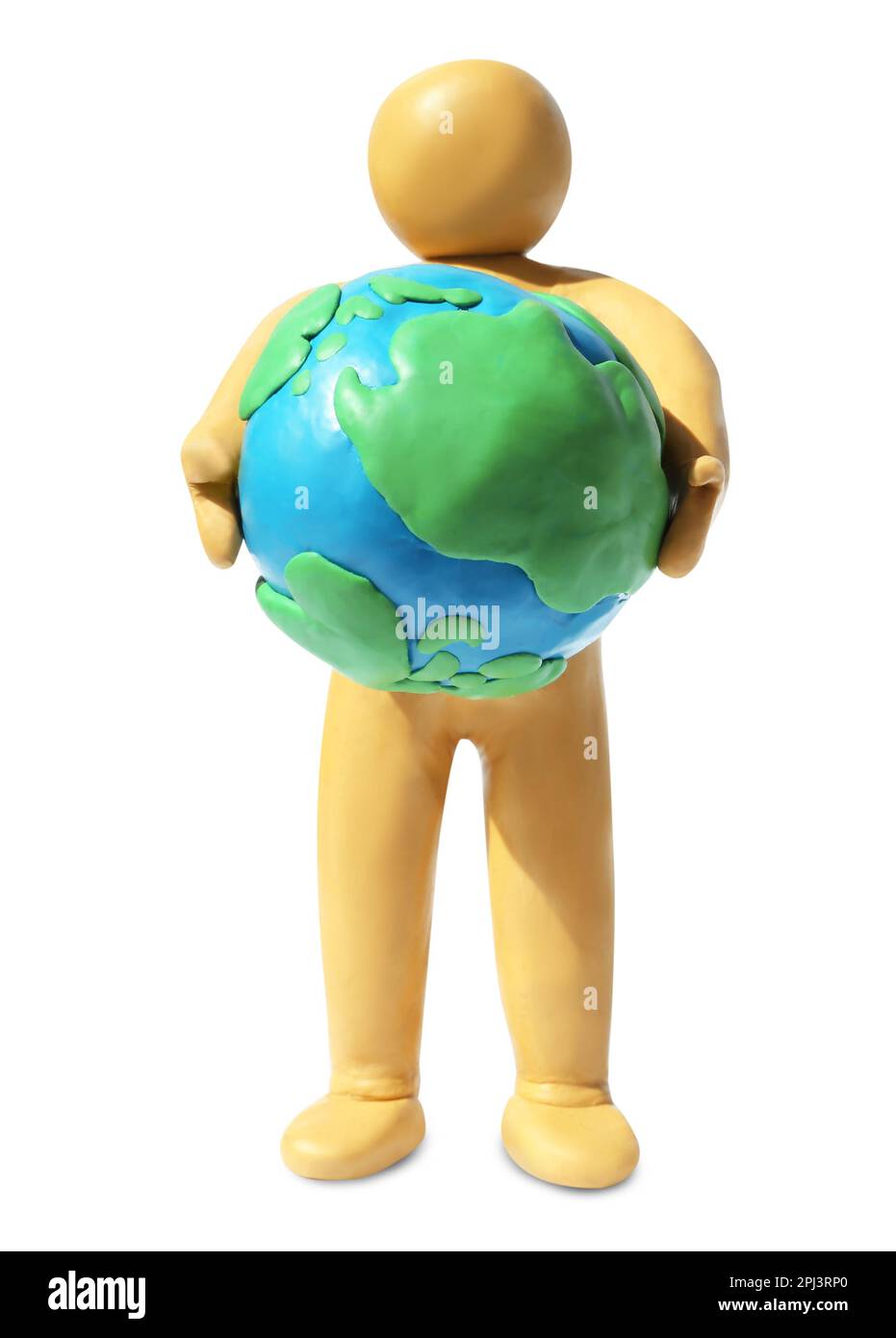 Yellow plasticine human figure holding planet isolated on white Stock ...