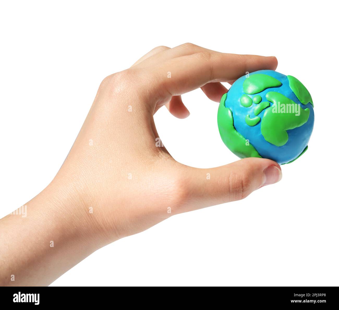 Woman holding plasticine model of planet Earth on white background ...