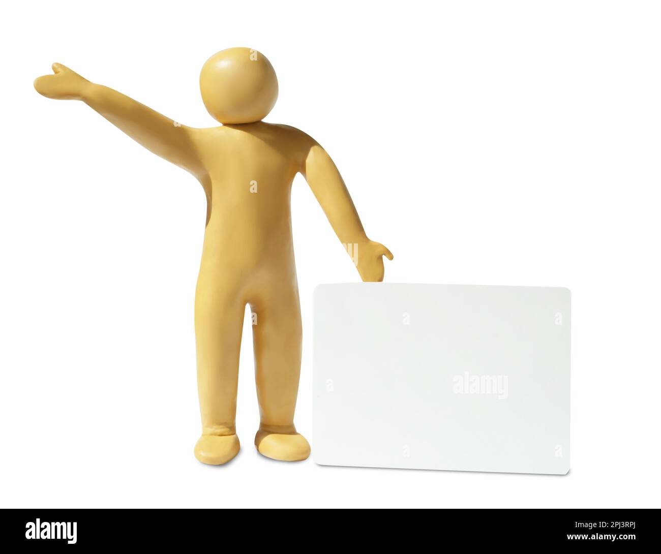 Yellow plasticine human figure with blank card isolated on white, space ...