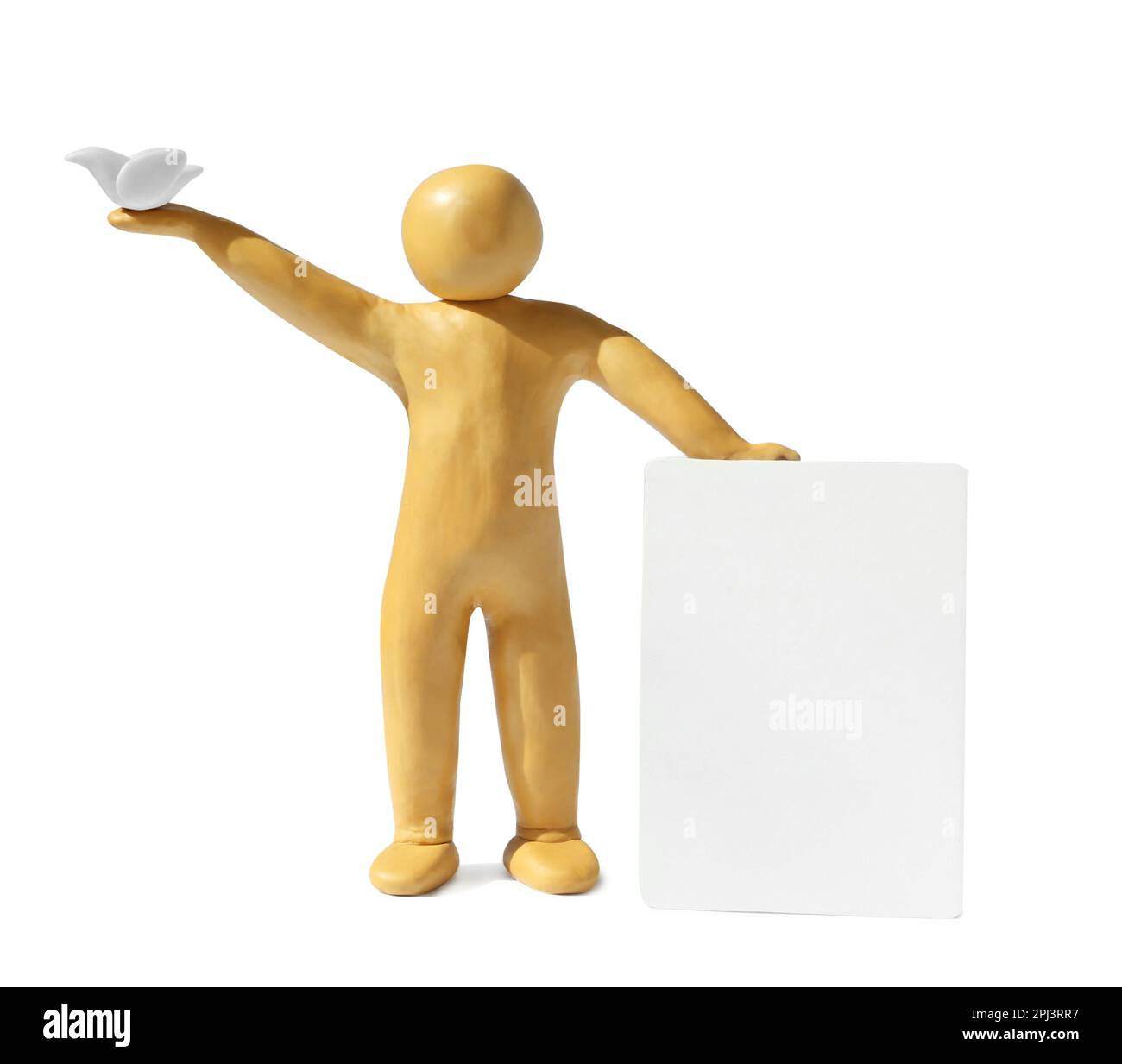 Yellow plasticine human figure with dove and blank card isolated on ...