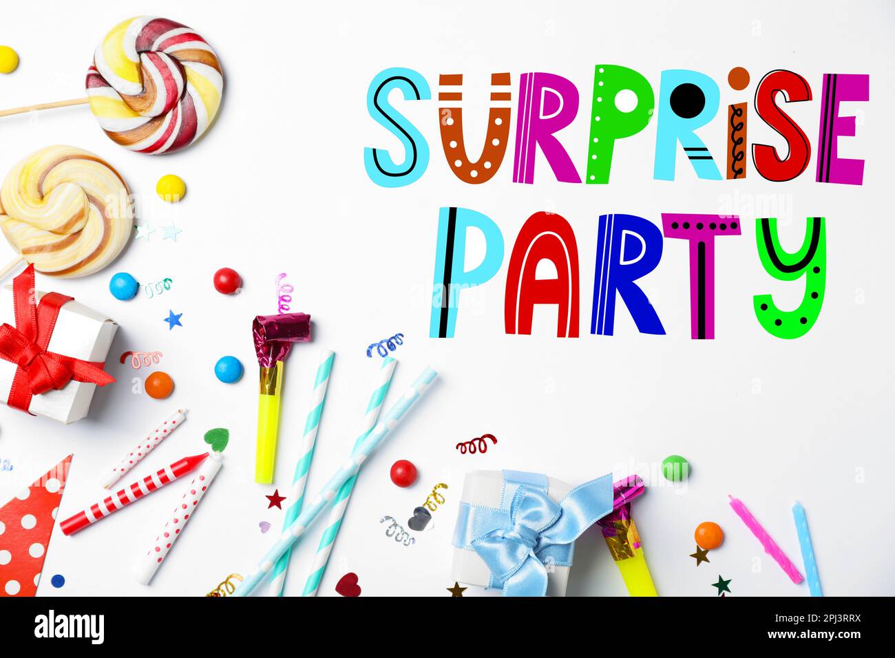 Flat lay composition with different items for surprise party on white ...