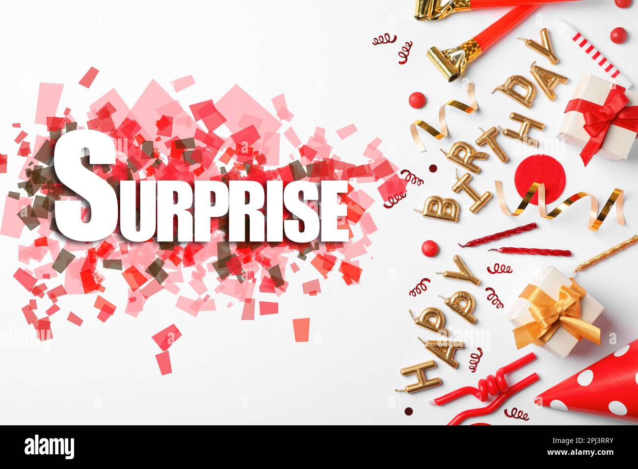 Flat lay composition with different items for surprise party on white ...