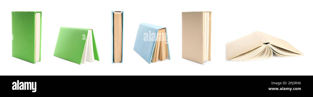 Collection of different hardcover books on white background. Banner ...