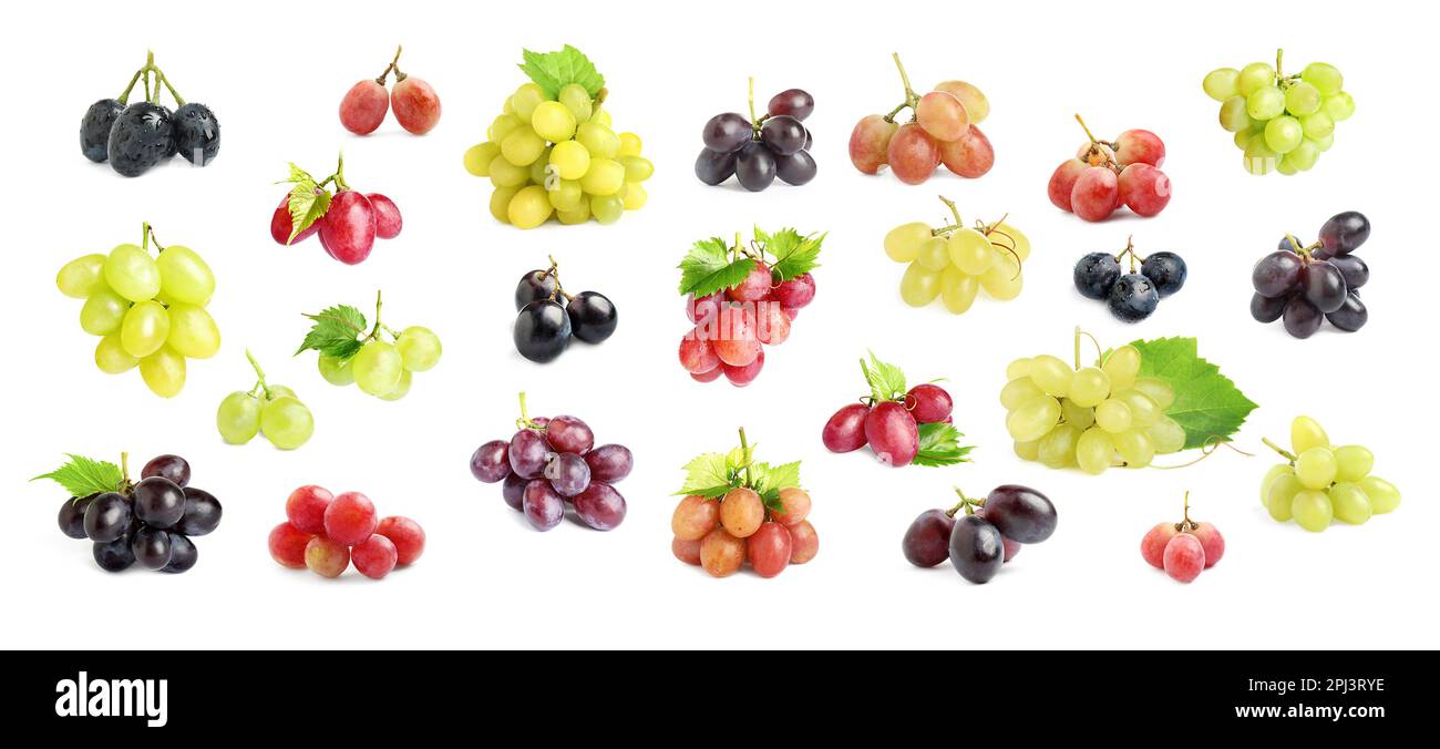 Set with different fresh ripe grapes on white background. Banner design ...