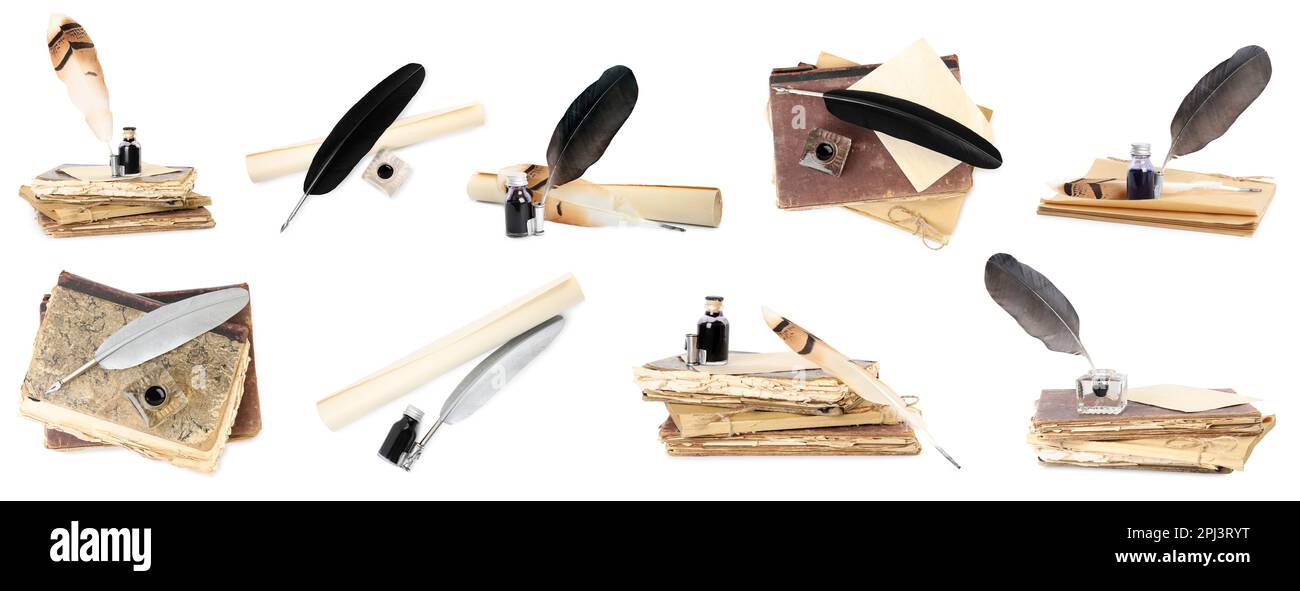 Set with quills, inks and old books on white background, banner design ...
