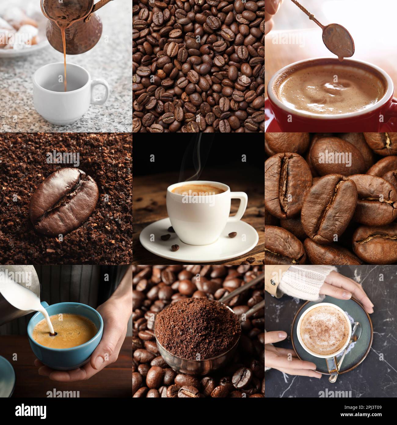 Beautiful collage with different photos of aromatic coffee and beans ...