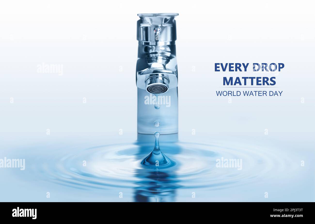 World Water Day. Drop flowing from tap with splash on light background ...