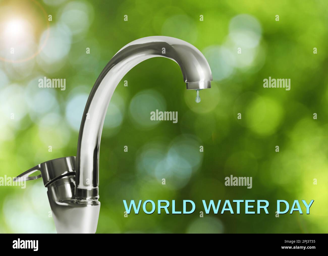 World Water Day. Drop flowing from tap outdoors on sunny day, bokeh ...