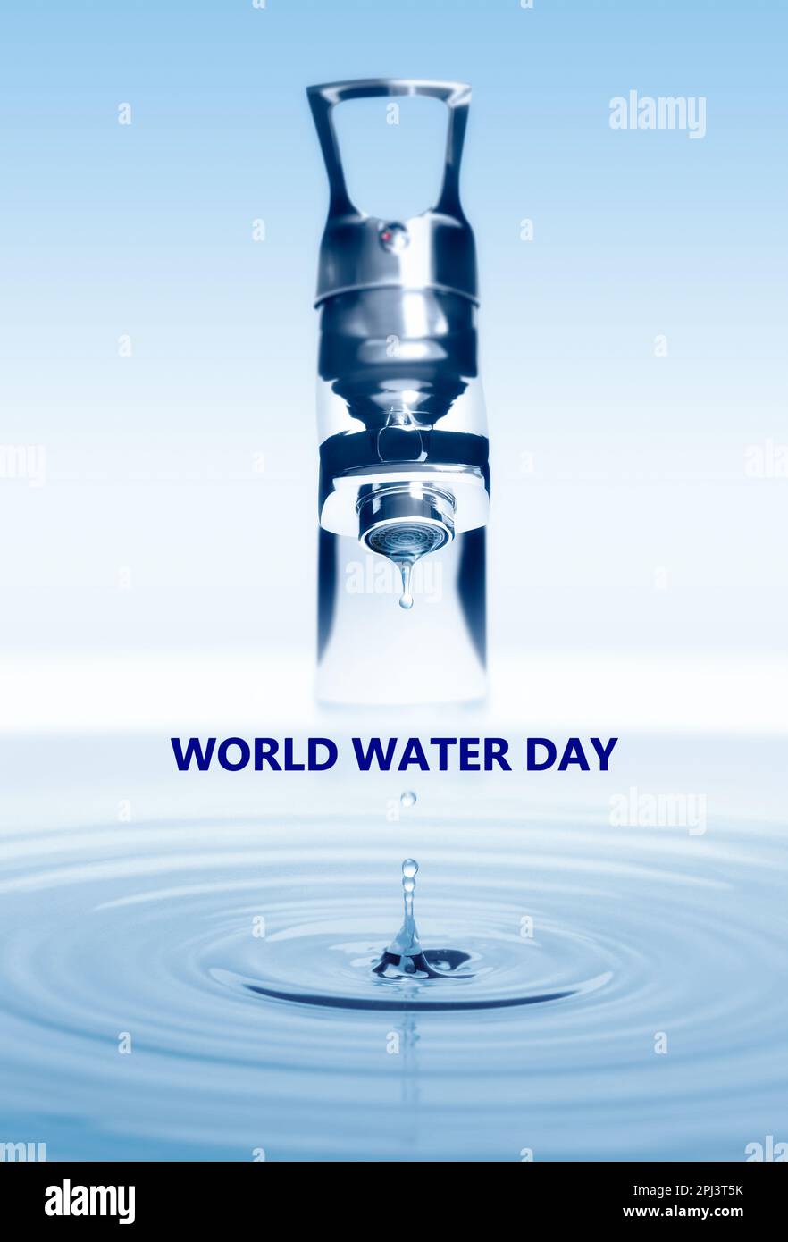 World Water Day. Drop flowing from tap with splash on light background ...