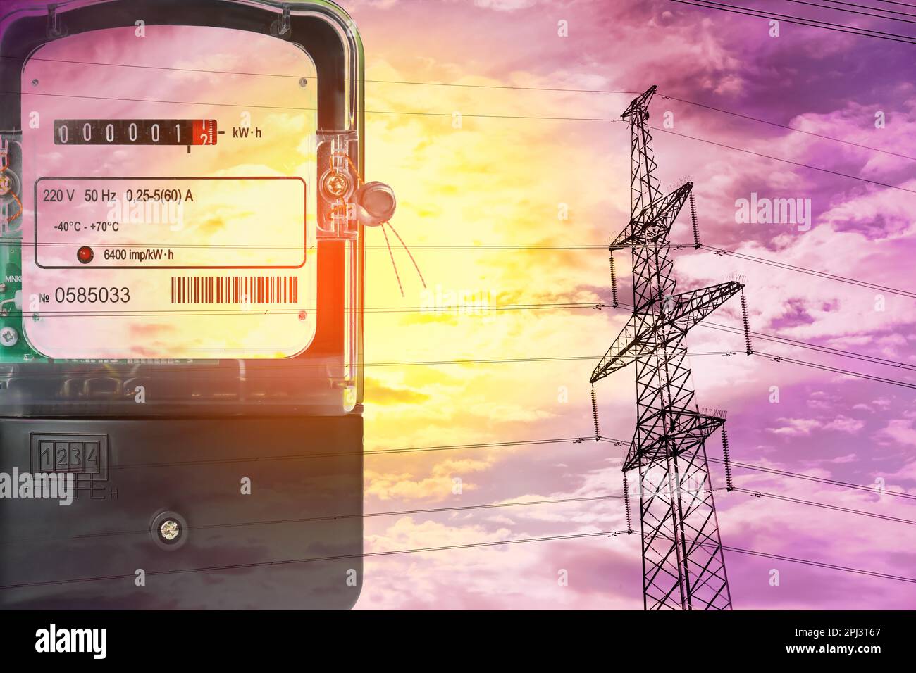 Double exposure of electricity meter and high voltage tower with ...