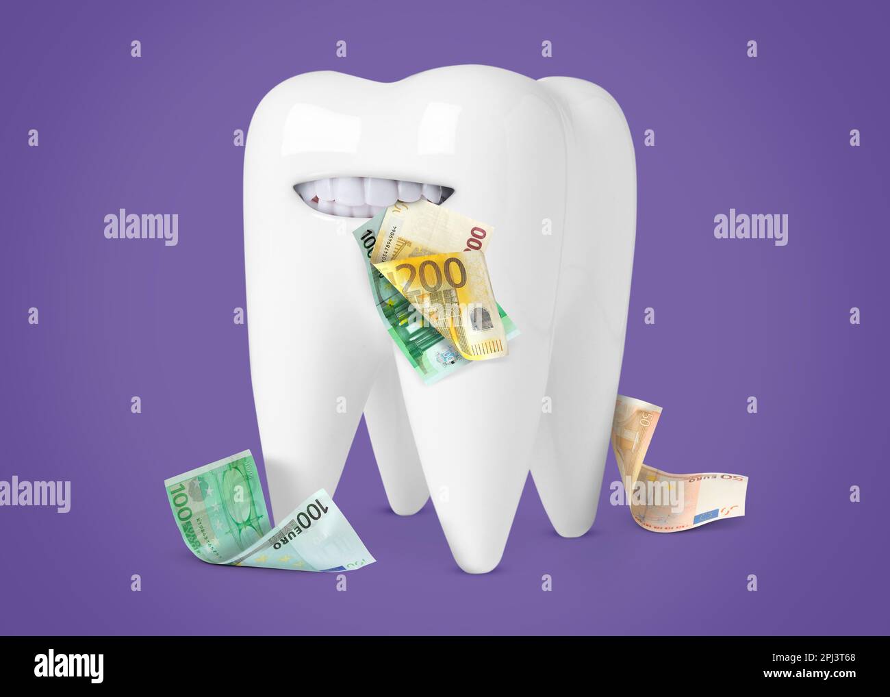 Funny model of tooth with euro banknotes on violet background. Concept ...