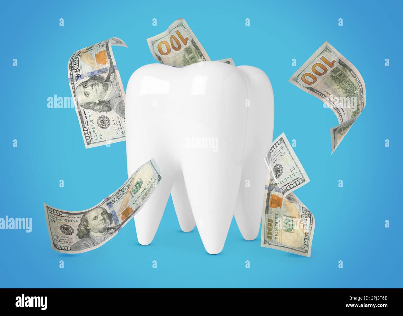 Model of tooth with dollar banknotes on turquoise background. Concept ...