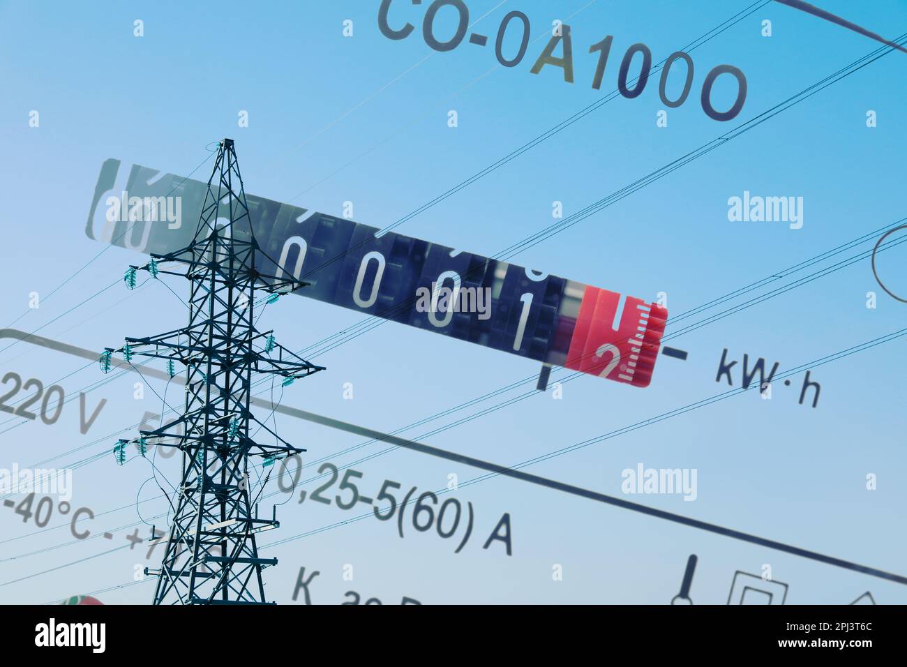 Double exposure of electricity meter and high voltage tower with ...
