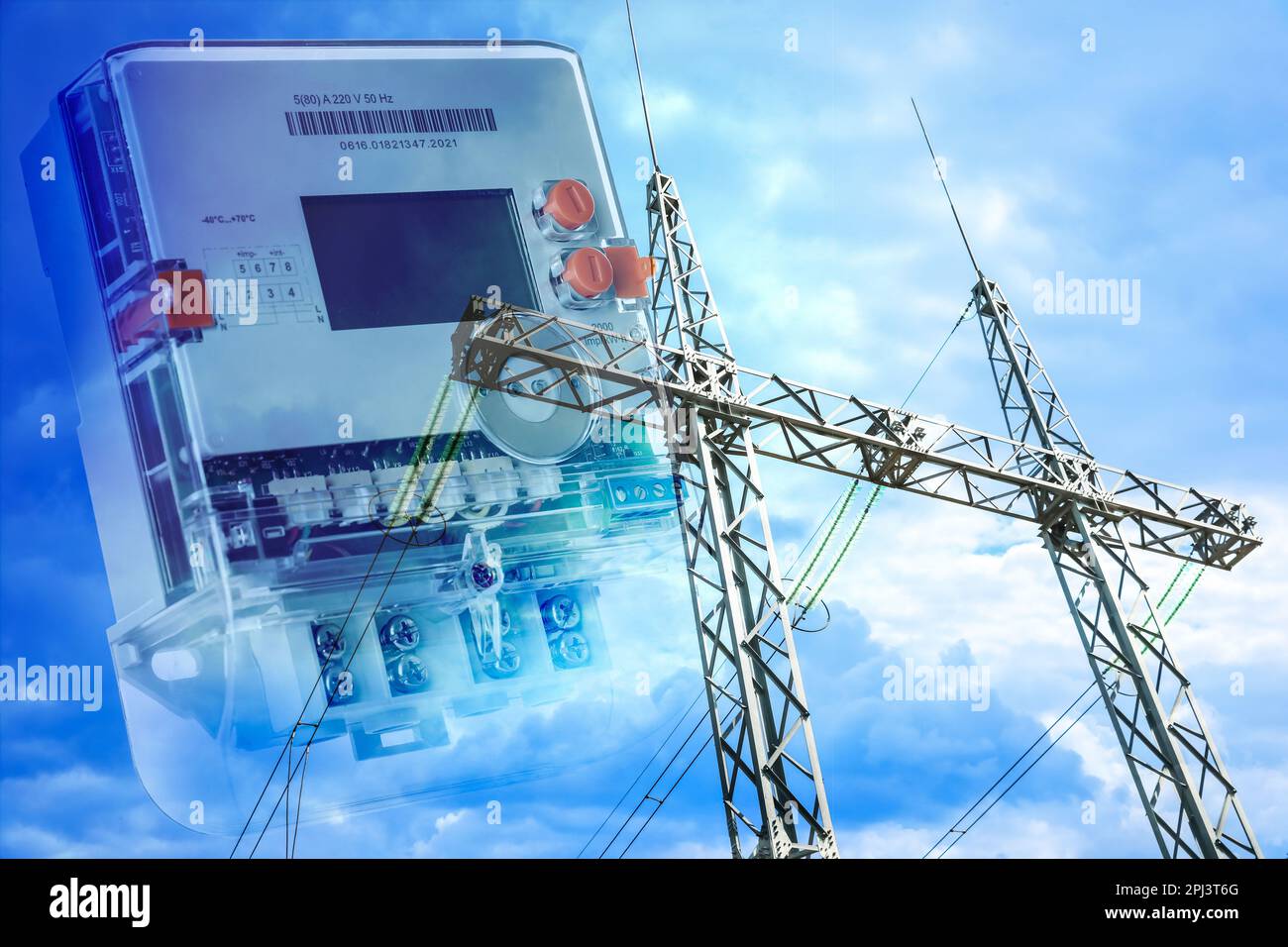 Double exposure of electricity meter and high voltage tower with ...