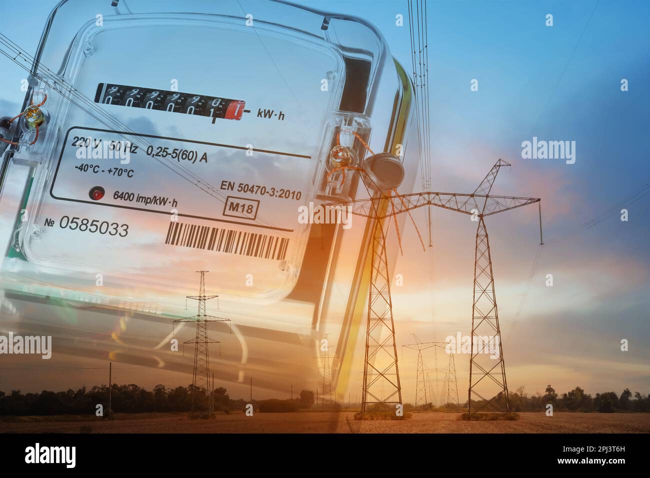 Double exposure of electricity meter and high voltage towers with ...