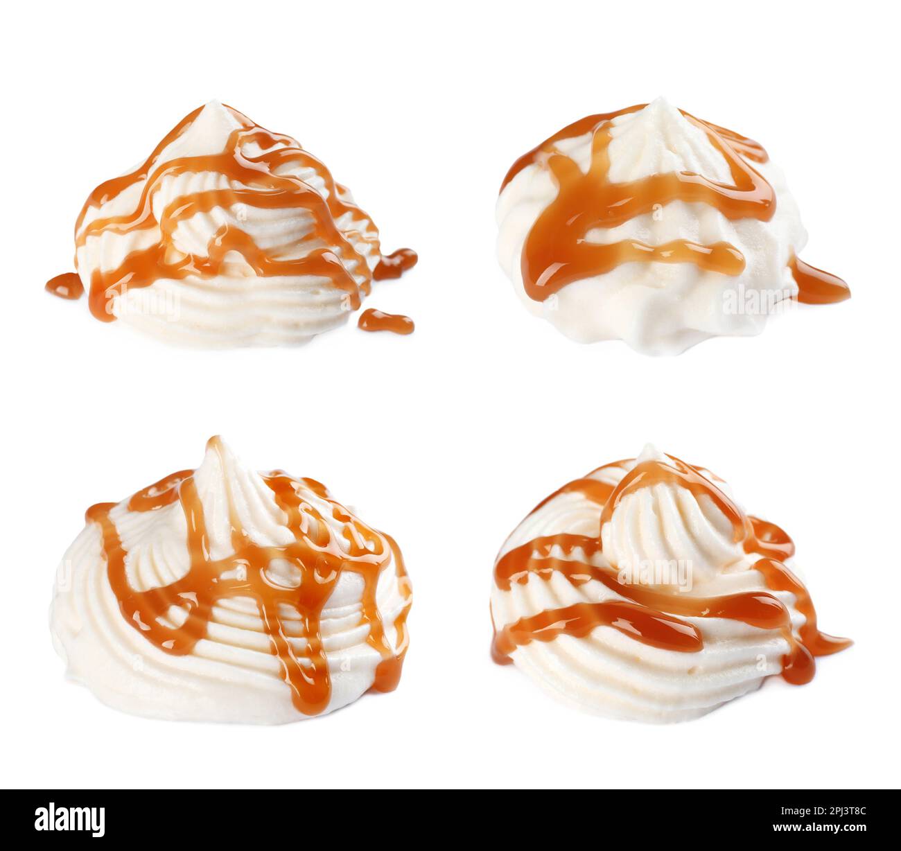 Set of delicious fresh whipped cream with caramel syrup on white ...