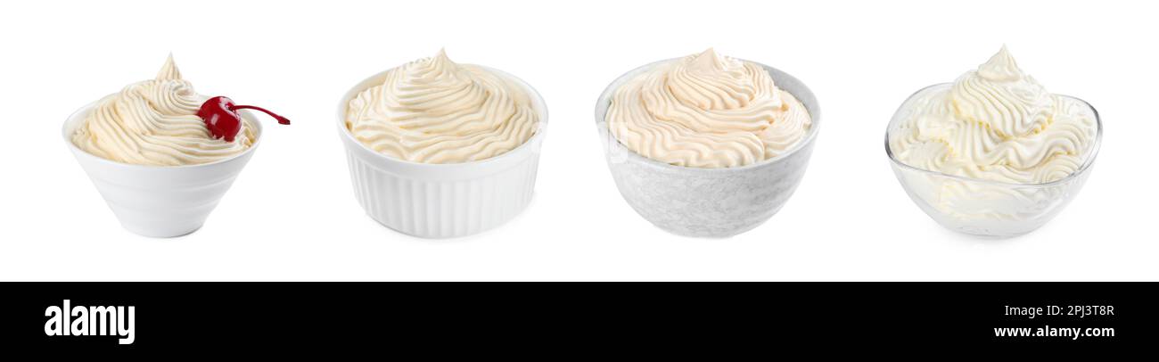 Set with delicious fresh whipped cream on white background. Banner ...