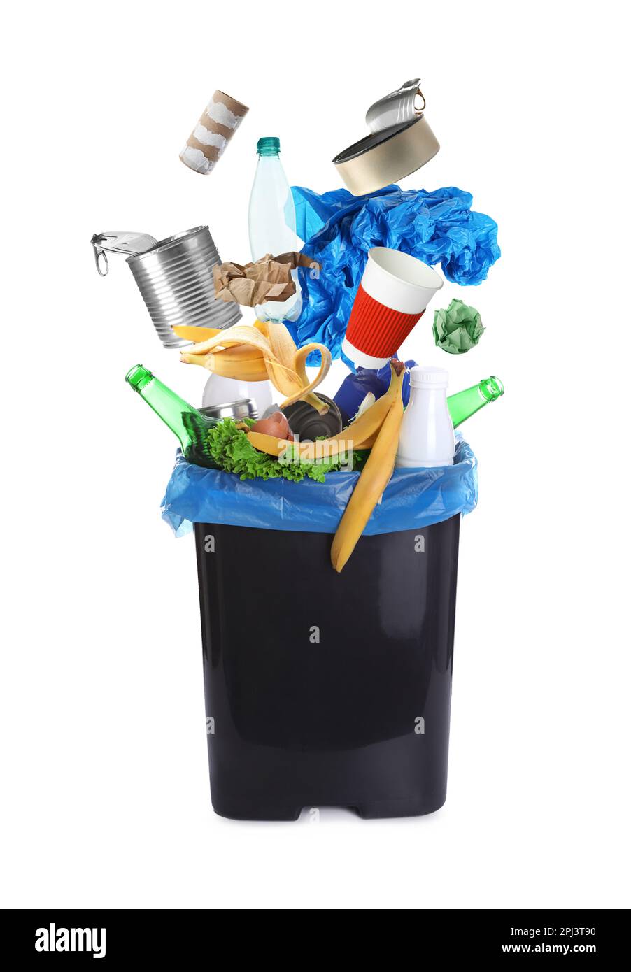 Different garbage falling into trash bin with rubbish bag on white ... Different garbage falling into trash bin with rubbish bag on white ...