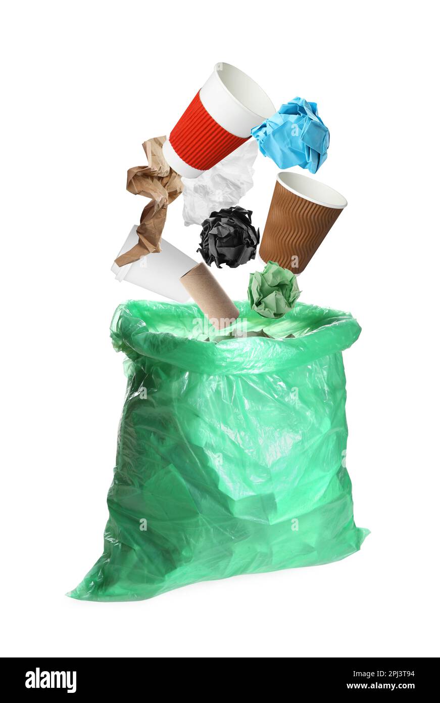 Different garbage falling into trash bag on white background Stock ... Different garbage falling into trash bag on white background Stock ...