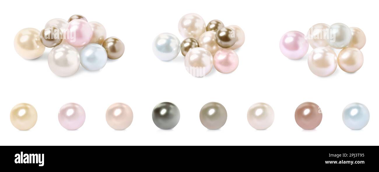 Set with beautiful pearls on white background. Banner design Stock ...