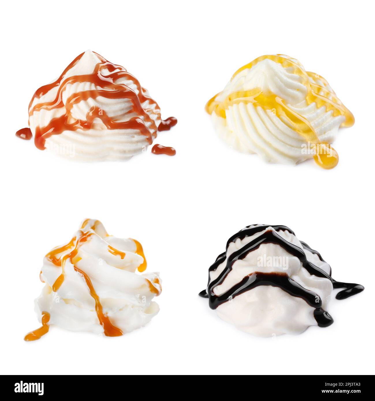 Set of delicious fresh whipped cream with syrups on white background ...