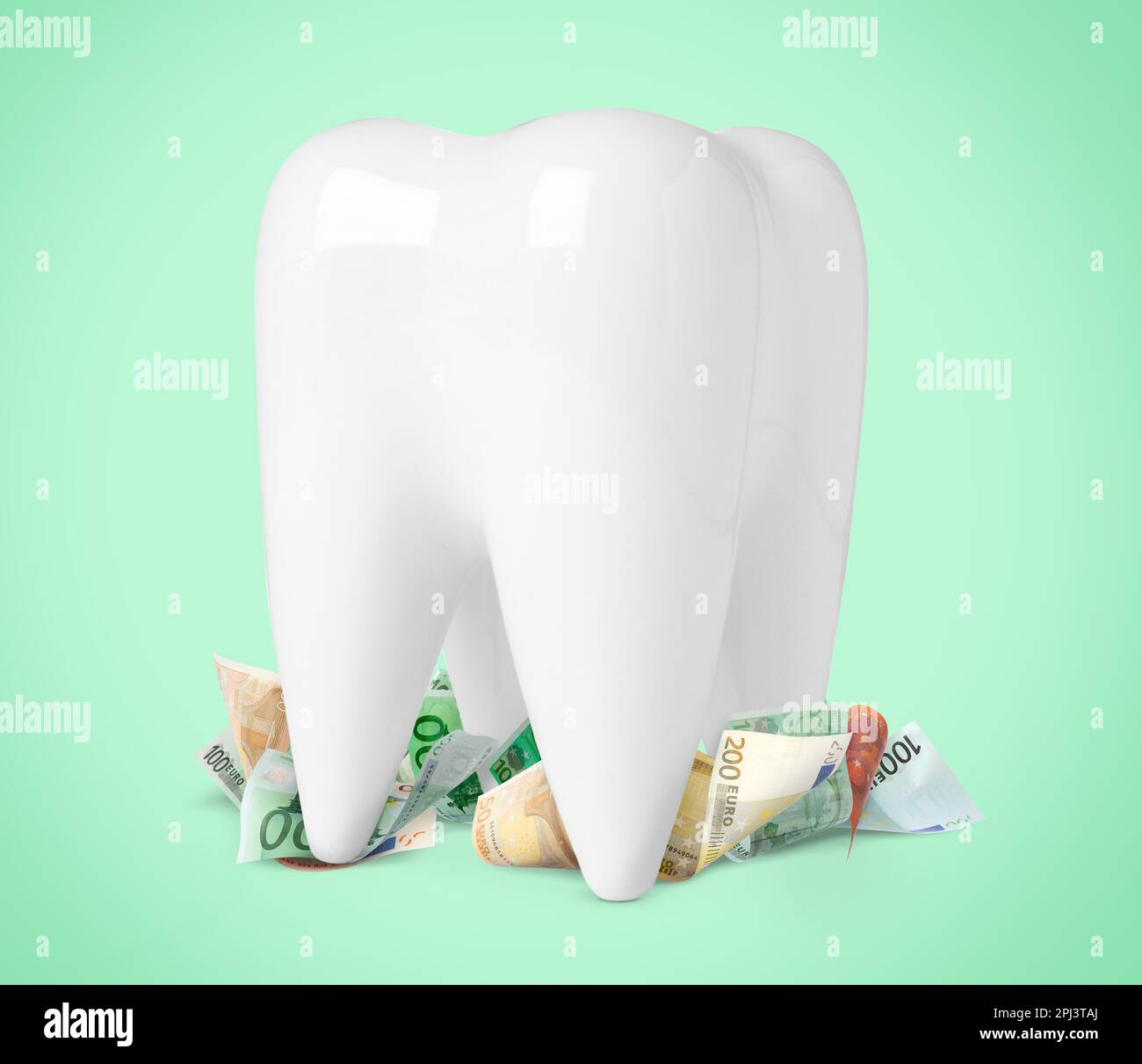 Model of tooth and euro banknotes on turquoise background. Concept of ...