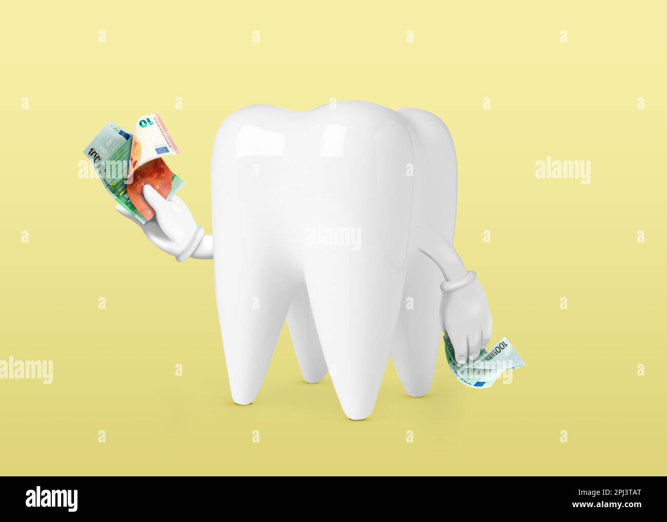 Funny model of tooth with euro banknotes on yellow background. Concept ...