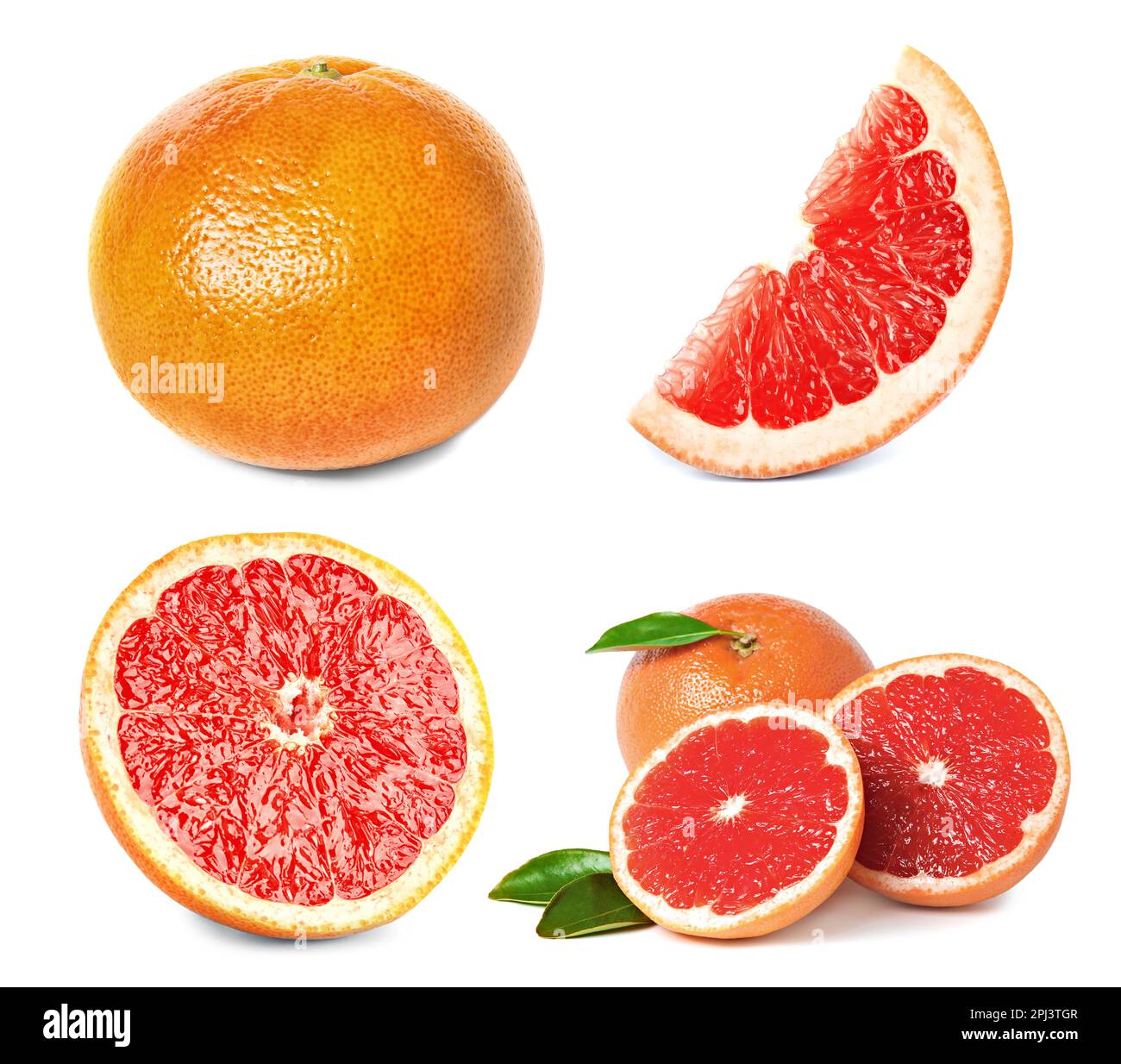 Set with whole and cut ripe juicy grapefruits on white background Stock ...