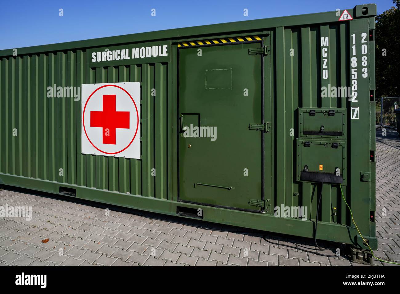 Brno, Czechia - October 08, 2021: Green metal army container box ...