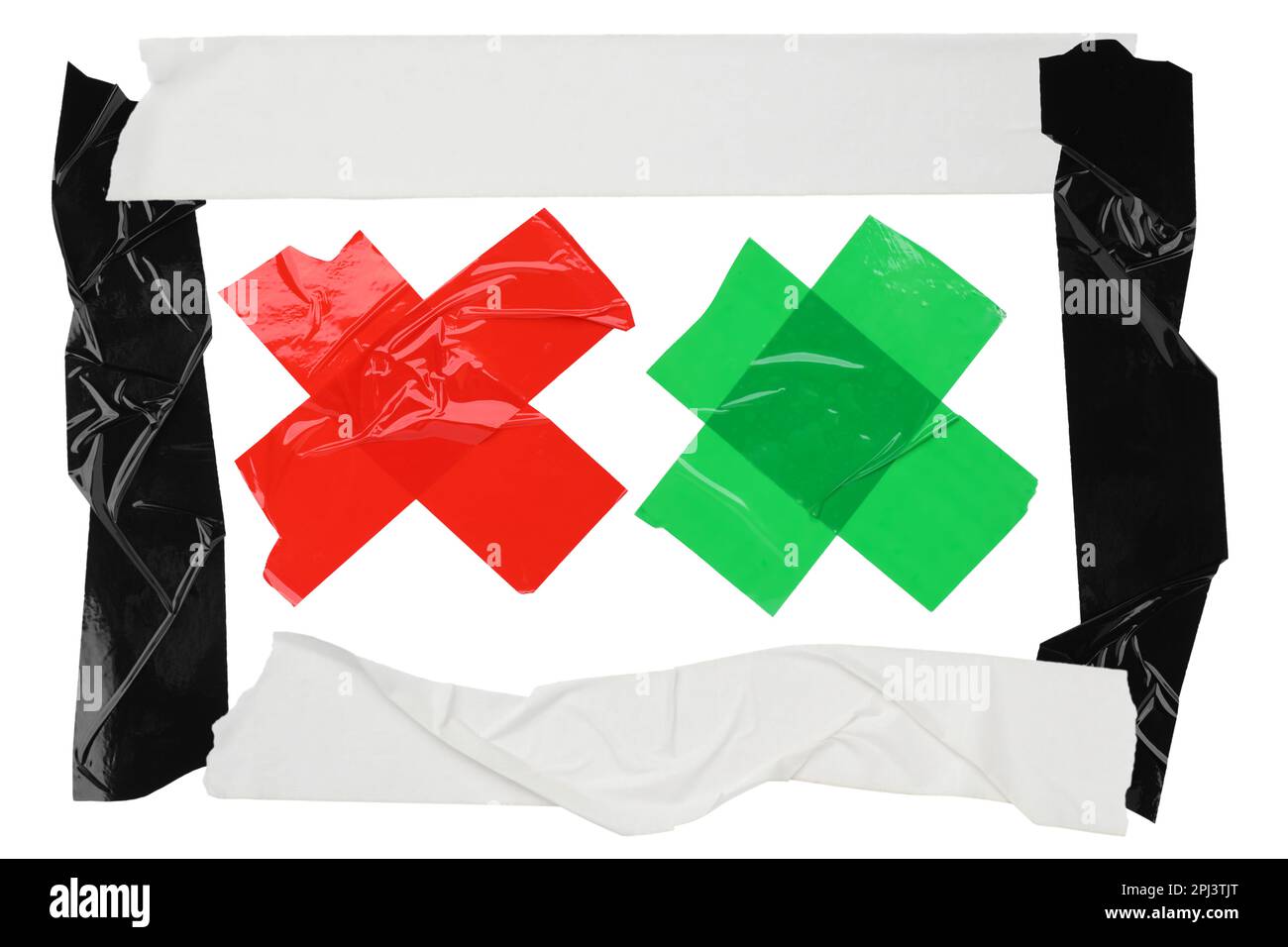 Set with pieces of different adhesive tapes on white background, top ...