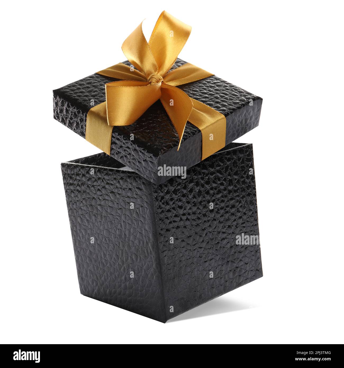 Beautiful black gift box with golden bow on white background Stock ...