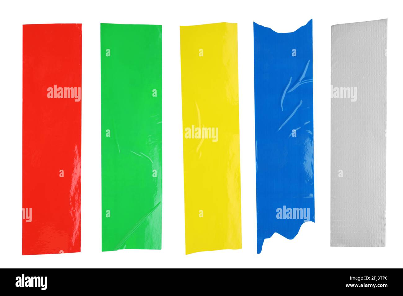 Set with pieces of different adhesive tapes on white background, top ...