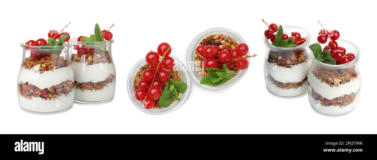 Delicious yogurt parfait with fresh red currants and mint on white ...